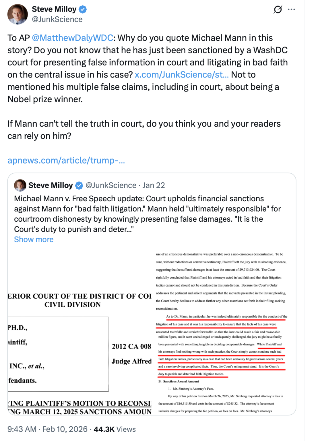 UnManned: Milloy shames AP into deleting quotes from Michael Mann ...