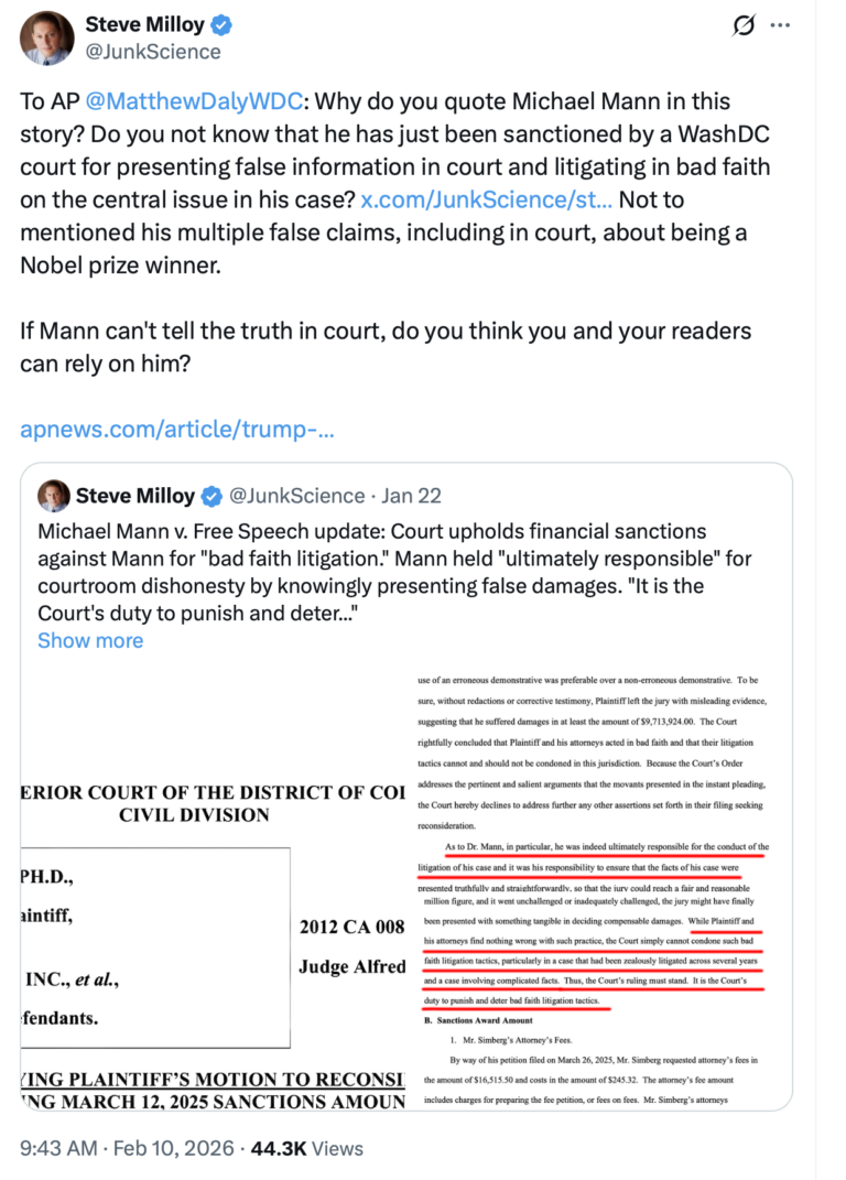 UnManned: Milloy shames AP into deleting quotes from Michael Mann ...